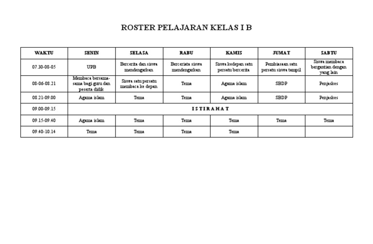 ROSTER PELAJARAN KELAS I B | PDF