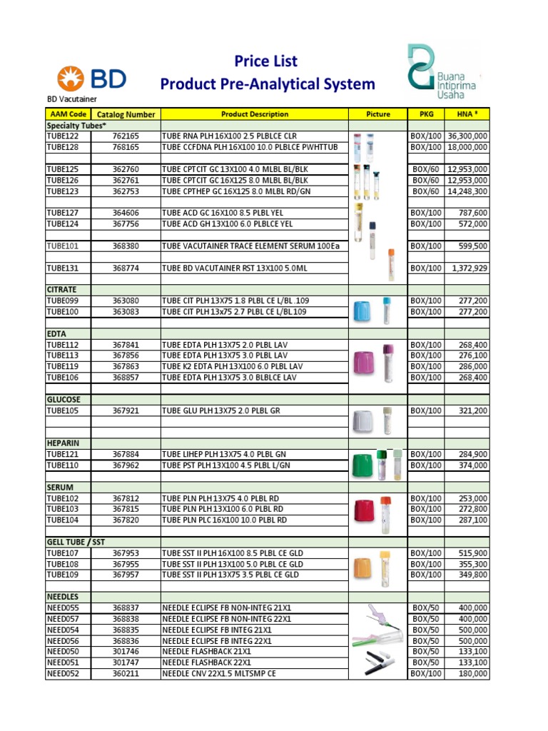 Price List BD Vacutainer | PDF | Blood | Tissue (Biology)