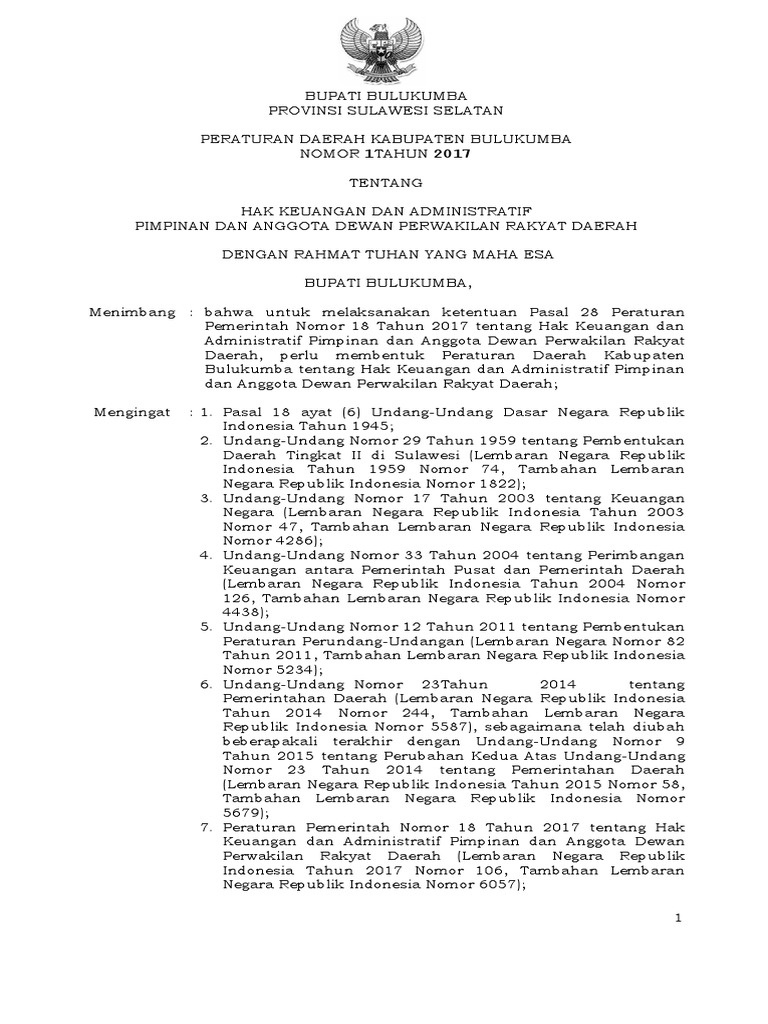 Peraturan Daerah Nomor 1 Tahun 2017 Tentang Hak Keuangan Dan Administratif Pimpinan Dan Anggota ...