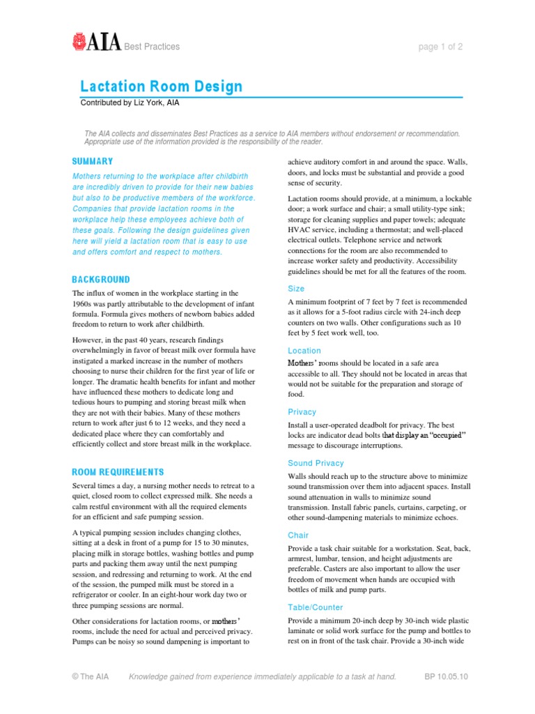 American Institute of Architects' Lactation Room Design | PDF | Breast Milk | Breastfeeding