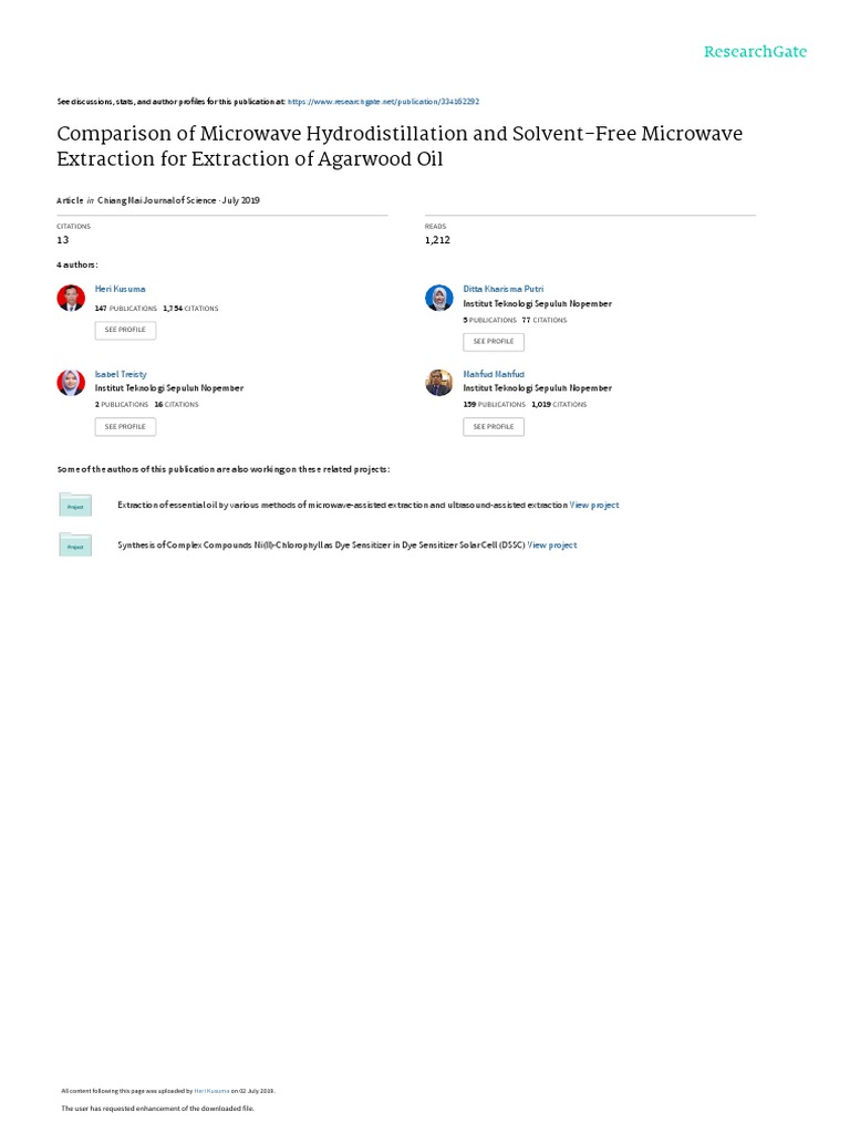 Comparison of Microwave Hydrodistillation and Solvent-Free Microwave Extraction For Extraction ...