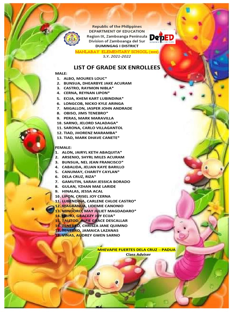 Grade 6 Enrollees 2021-2022 List | PDF