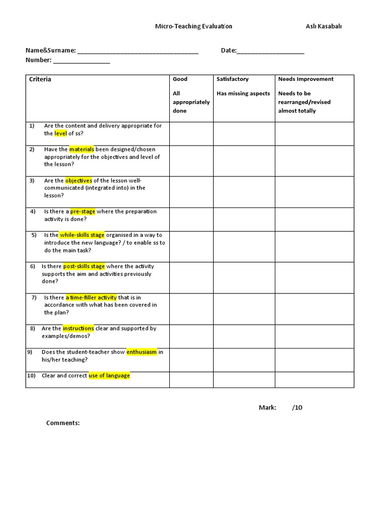 Micro-Teaching Evaluation Form | PDF