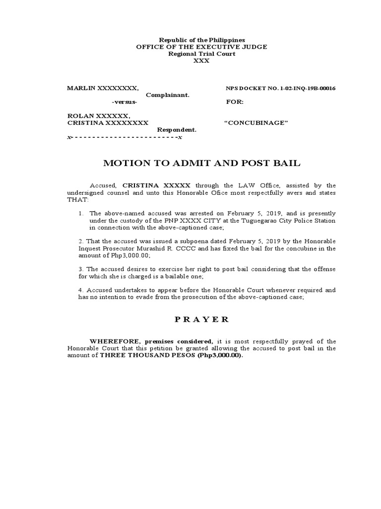 Motion To Post & Admit Bail Re Cristina XXXX | PDF | Bail | Prosecutor