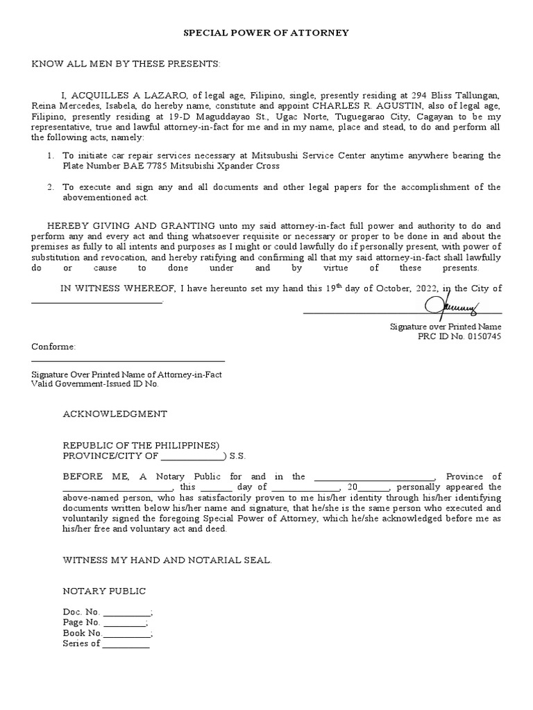 SPA For Car Repair | PDF | Power Of Attorney | Document