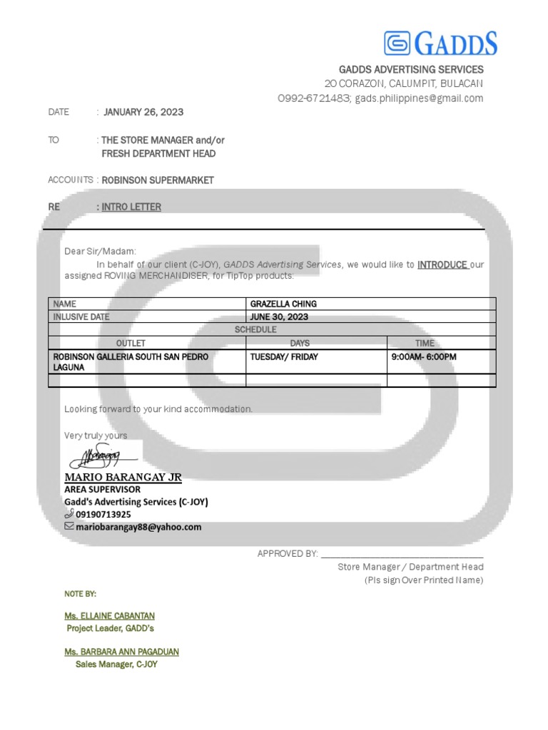 GADDS Advertising Services Intro Letter for Roving Merchandiser | PDF