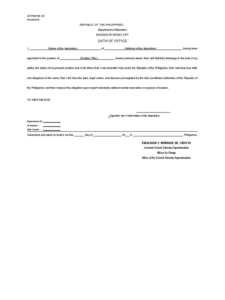 CS Form No. 32 Oath of Office (Revised 2018) | PDF