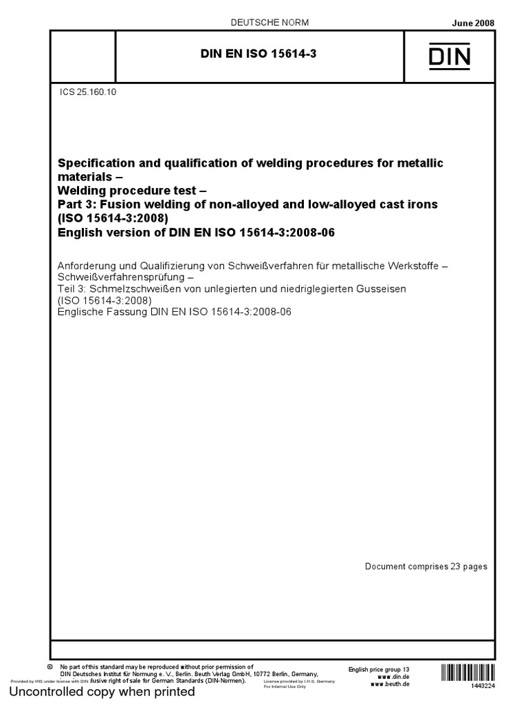 Din en Iso 15614-3 - 2008-06 | PDF | Construction | Welding
