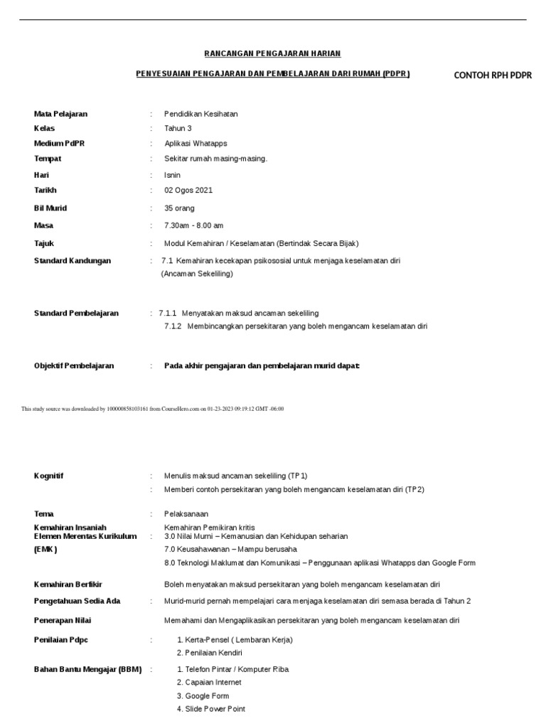 Contoh RPH PDPR | PDF