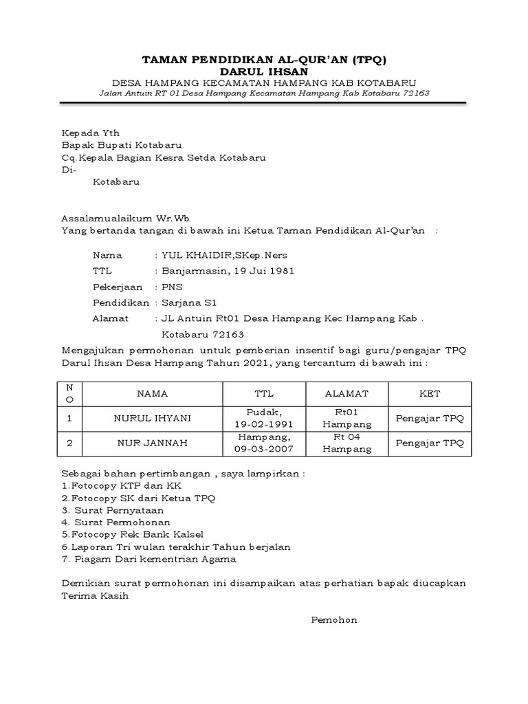 Surat Permohonan TPQ | PDF