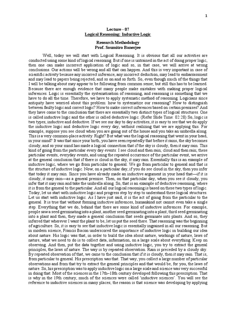7 - Lecture 7 - Logical Reasoning Inductive Logic | PDF | Logic | Inductive Reasoning