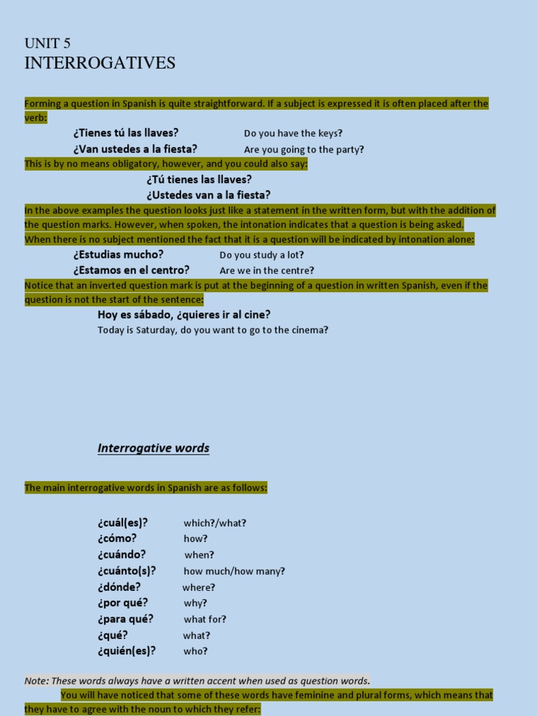 UNIT 5 and 6 SPANISH LANGUAGE | PDF | Question | Verb