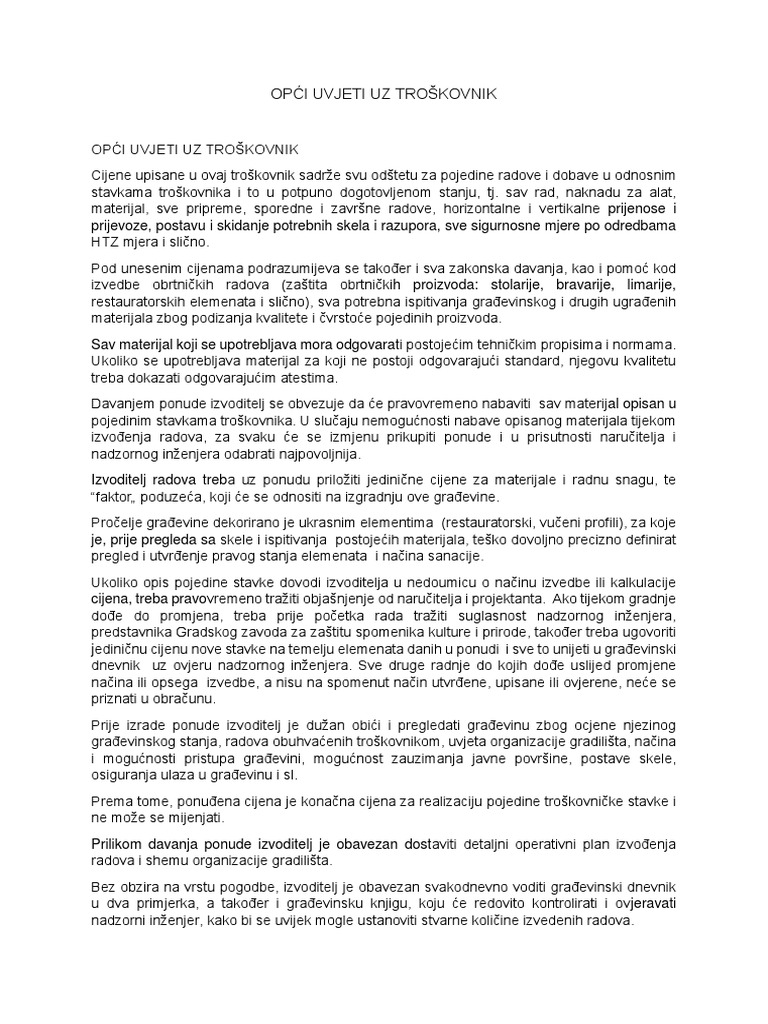 5a1bd272acce1opci Uvjeti Uz Troskovnik | PDF