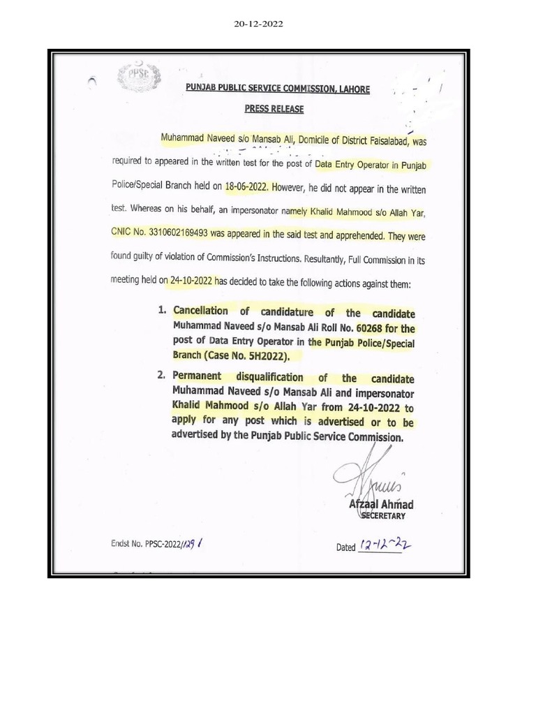 List of Disqualified Candidates 20-12-2022 | PDF