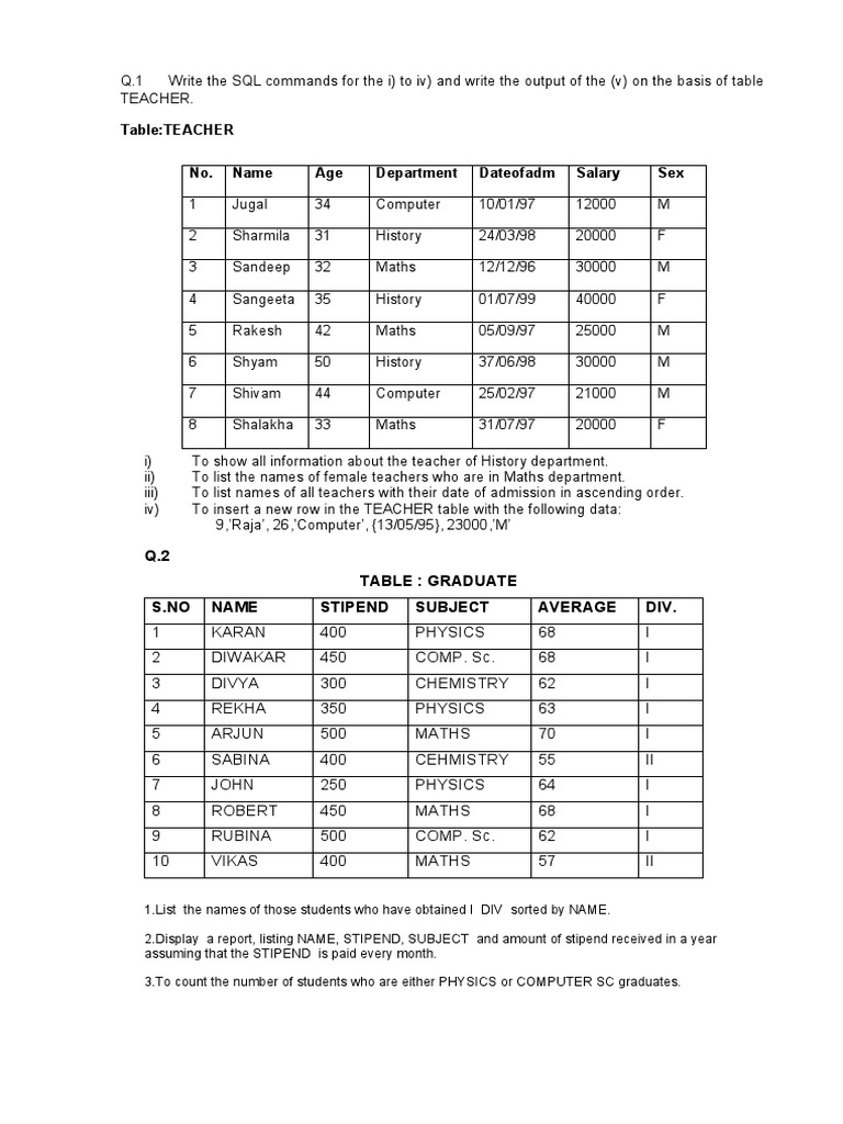 SQL QUERIES FOR TEACHER TABLE | PDF | Databases | Sql SQL QUERIES FOR TEACHER TABLE | PDF | Databases | Sql