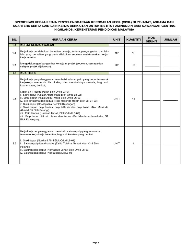 Dokumen Spesifikasi Sebut Harga Selenggara | PDF