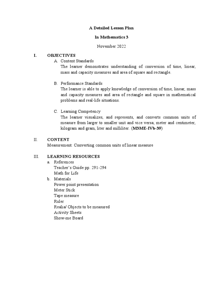 A Detailed Lesson Plan | PDF | Metre | Measurement