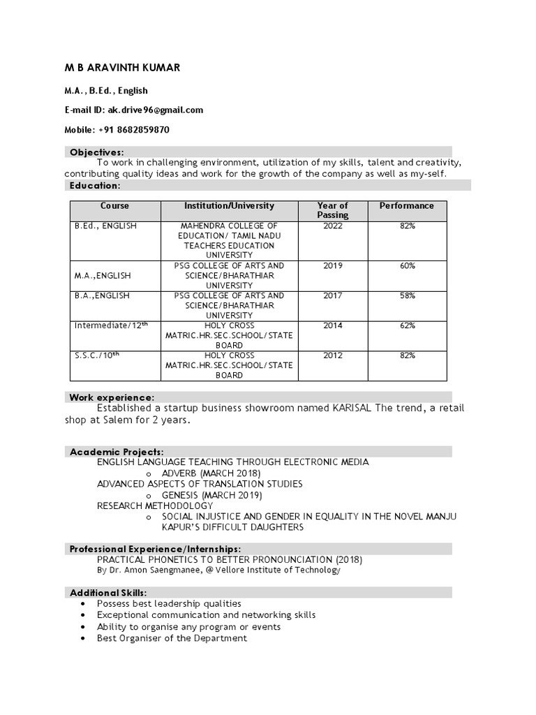 Aravinth Kumar CV | PDF | University | English Language Aravinth Kumar CV | PDF | University | English Language