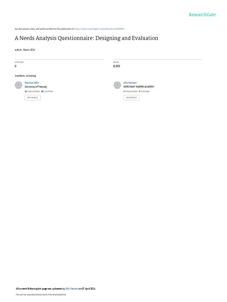 Aliki Need Analysis Questionnaire | PDF | English Language | Learning