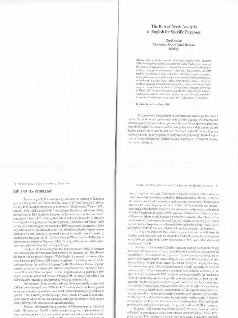 Astika ESP And Need Analysis Download Free PDF Teachers Teaching