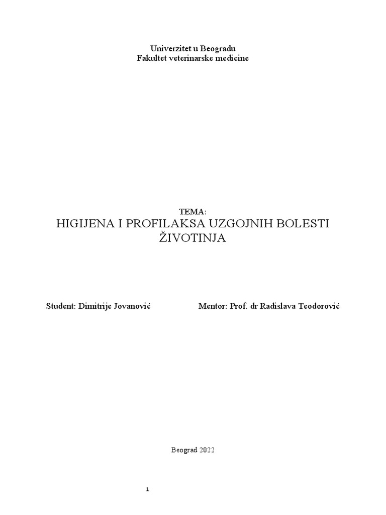 Higijena I Profilaksa Uzgojnih Bolesti Zivotinja | PDF