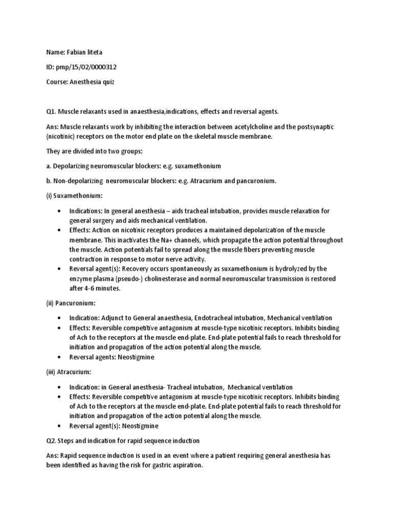 Anesthesia Quiz | PDF | Neuromuscular Junction | Acetylcholine
