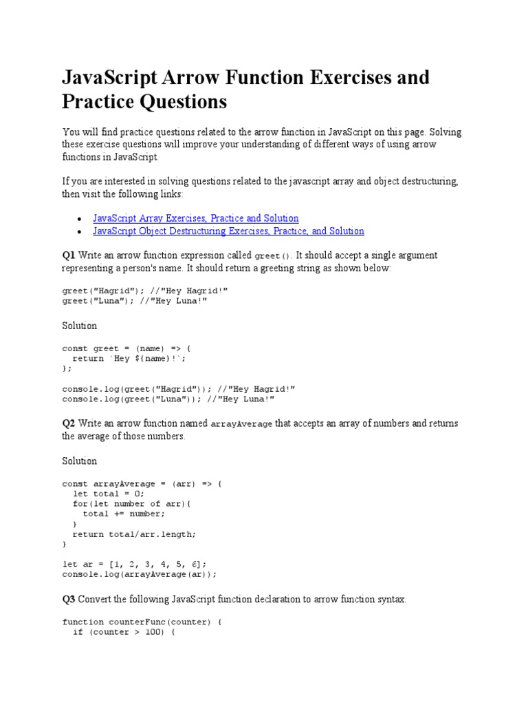 JavaScript Arrow Function Exercises and Practice Questions | PDF | Java Script | Function ...