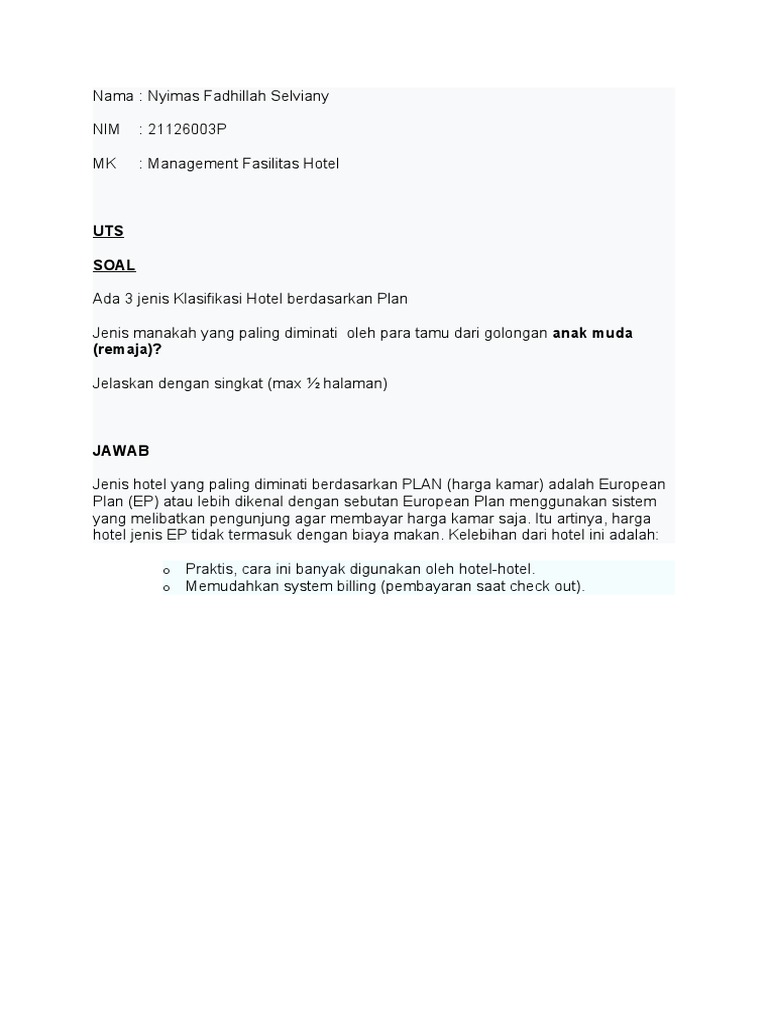 Uts Nyimas Management Fasilitas Hotel | PDF