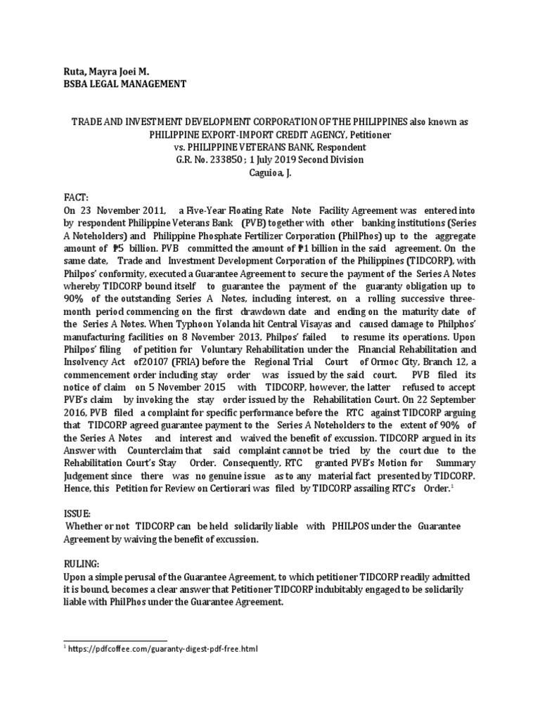 Case Digest, Ruta | PDF | Guarantee | Surety