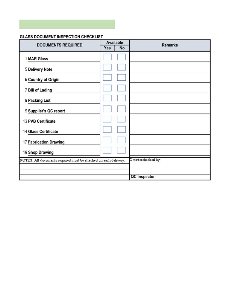 Glass Doc Inspection Checklist | PDF
