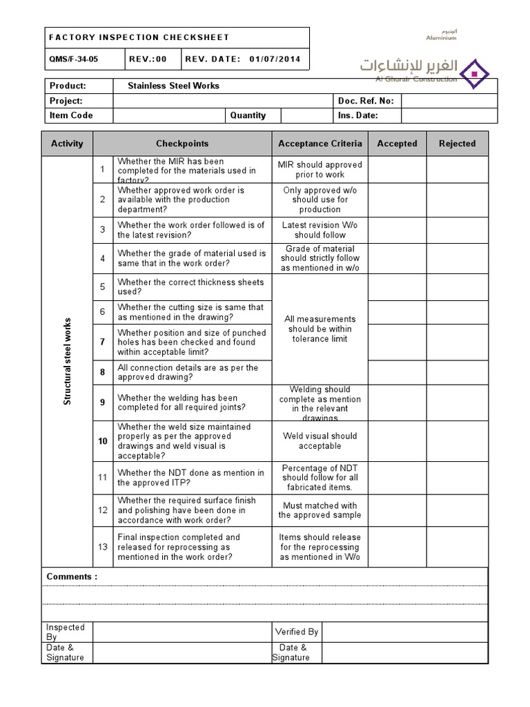 Stainless Steel Fabrication Checklist | PDF | Welding | Construction