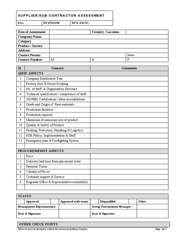 Suppliers Assessment Checklist | PDF | Iso 9000 | Business Process