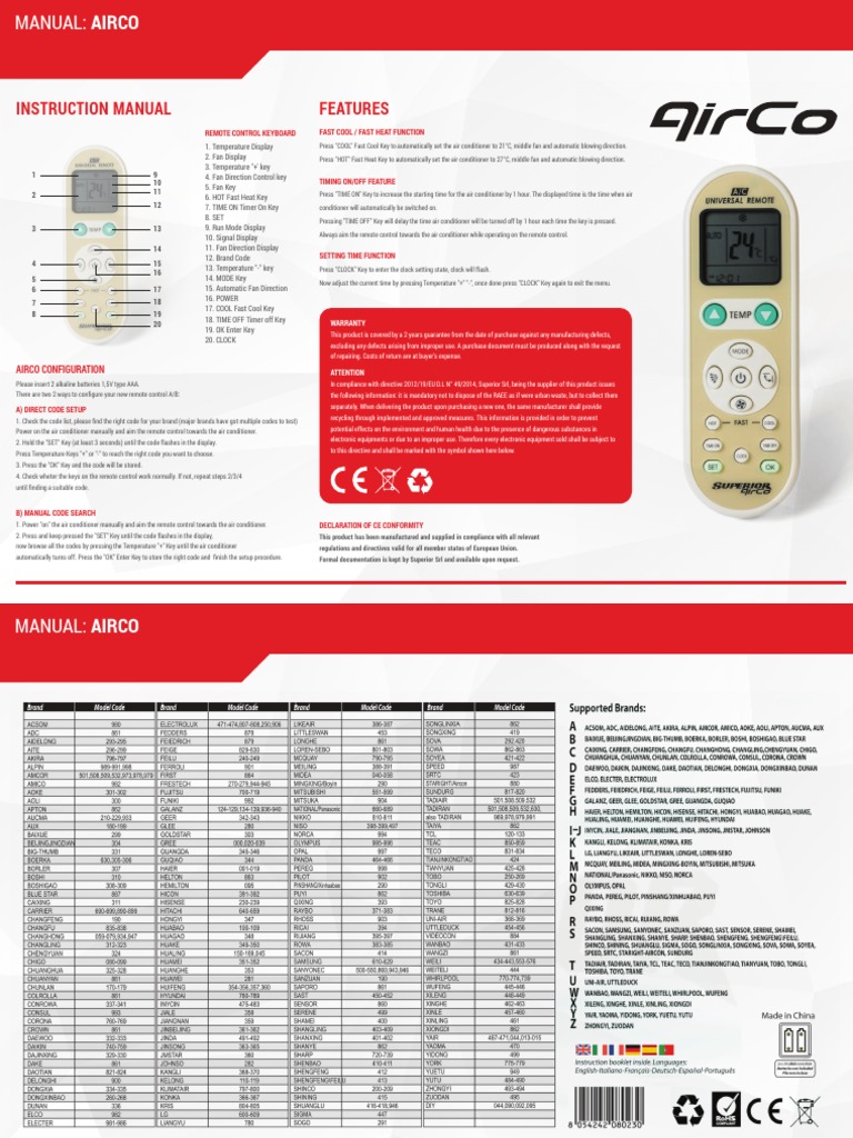 Universal Remote SUPERIOR AIRCO 1000 in 1 For AirCo | PDF | Air ...