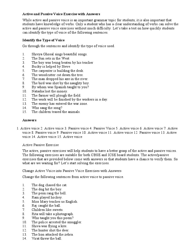 Active And Passive Voice Worksheets For Grade 7 With Answers CBSE