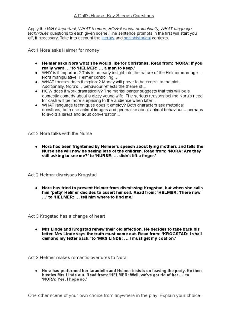 A Doll S House Key Scenes Questions | PDF