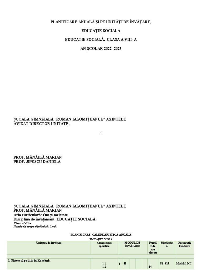 Planificare Ed. Sociala Clasa A 7 A | PDF