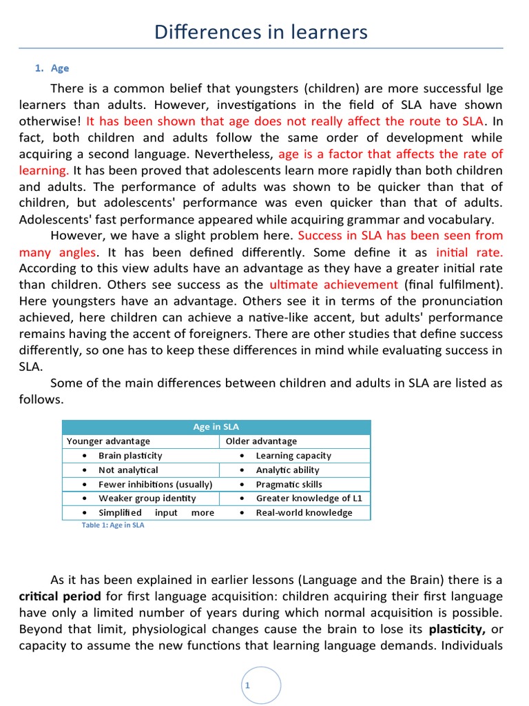 SLA Differences in Learners | PDF | Second Language Acquisition ...