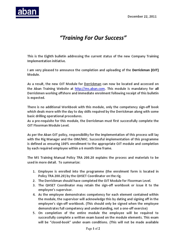 Training Bulletin-8 OJT Derrickman | PDF