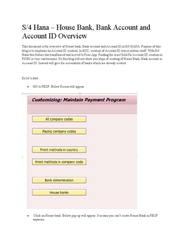S4 Hana - House Bank, Bank Account and Account ID Overview | PDF