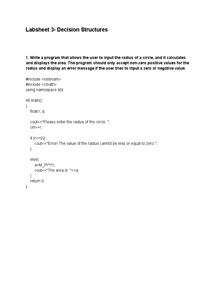 Decision Structures Labsheet Pdf Square Root Elementary Mathematics