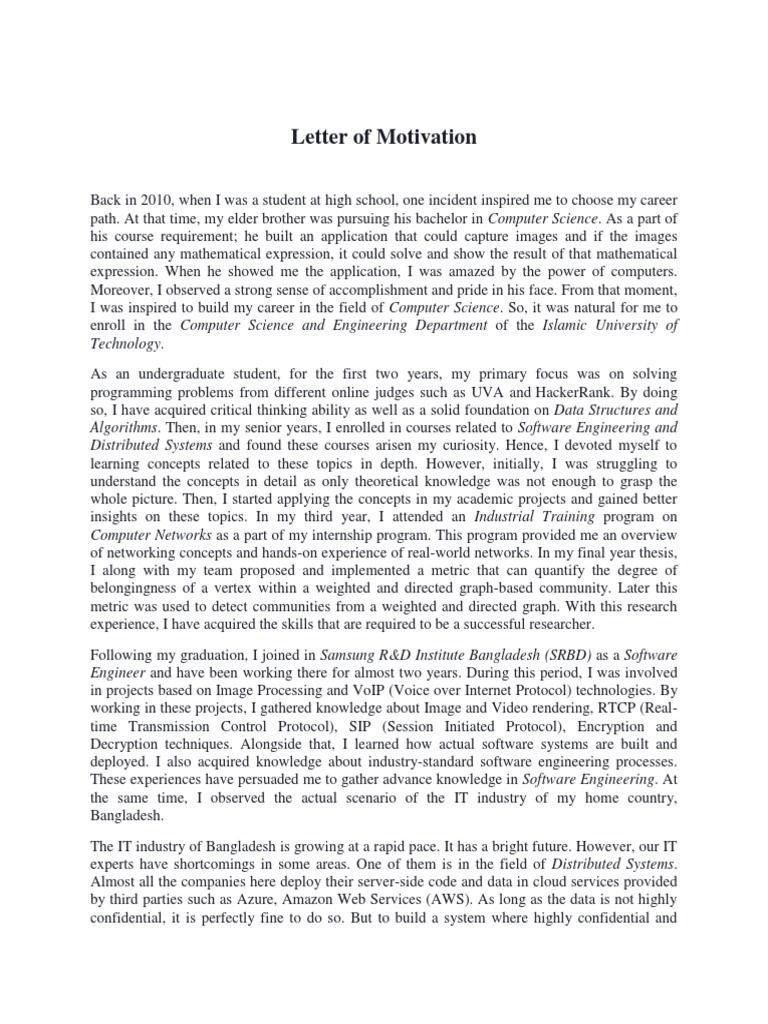 Letter of Motivation - Computer Science | PDF | Computer Science | Science