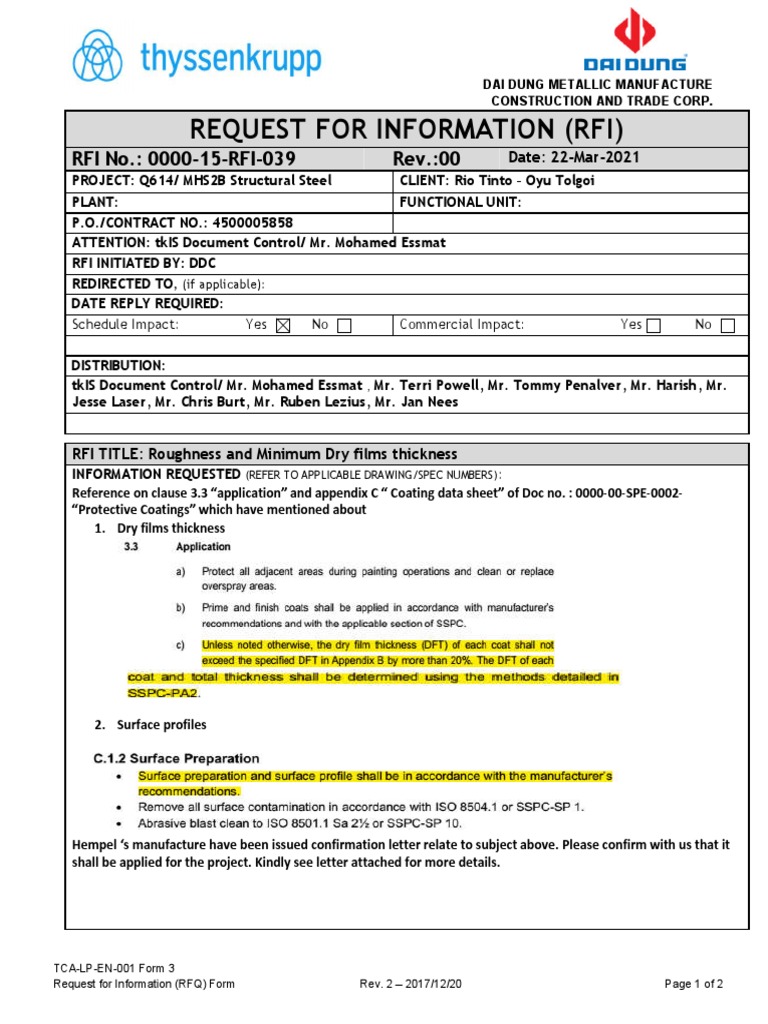 0000-15-RFI-039 - Clarification For Painting Spec. - Reply | PDF