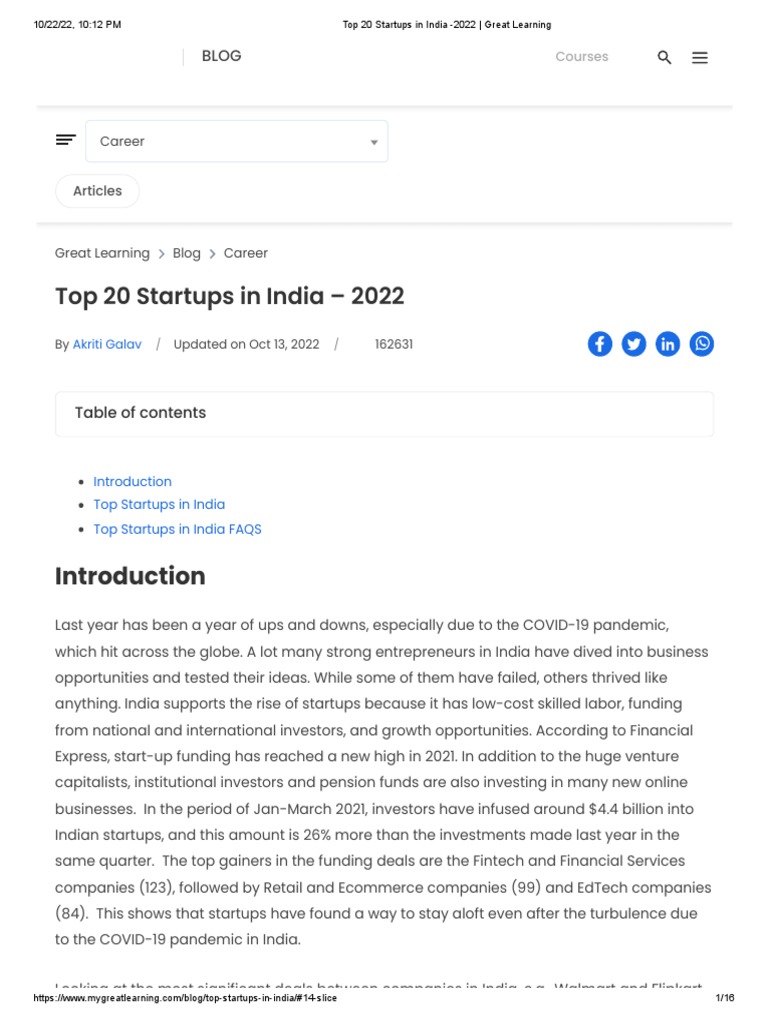Top 20 Startups in India - 2022 - Great Learning | PDF | Business