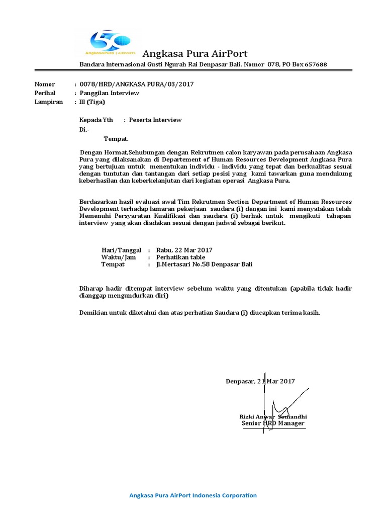 3.surat Panggilan Interview Angkasa Pura AirPort | PDF