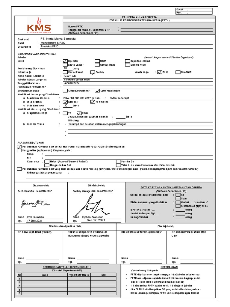 01 FORMULIR PERMOHONAN KARYAWAN KMS Operator Produksi | PDF