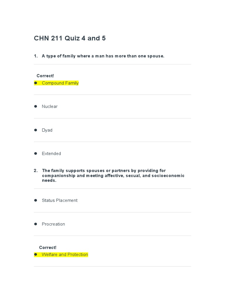 CHN 211 Quiz 4 and 5 | PDF | Medical Diagnosis | Family