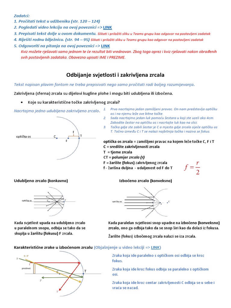 Fizika 8 Razred 20.5.2020. Odbijanje Svjetlosti I Zakrivljena Zrcala | PDF