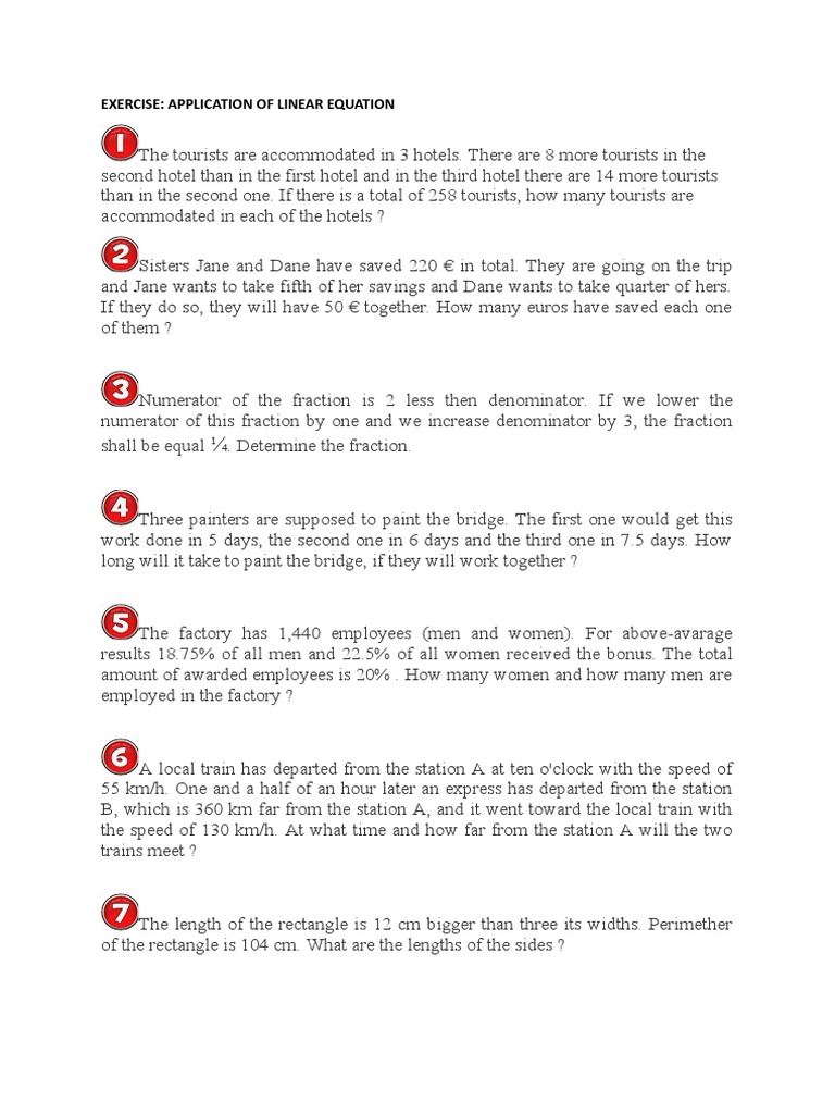 Exercise Application Linear Equation | PDF | Length | Elementary ...