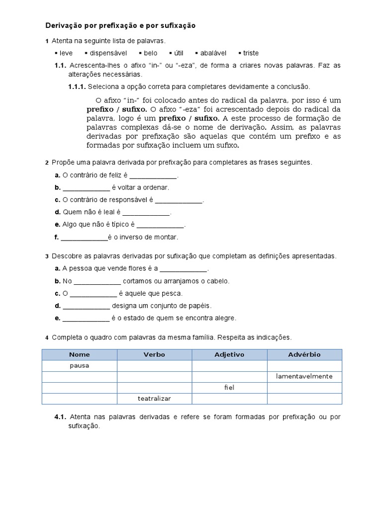 Ficha Portugues 5 Ano Palavras Derivadas Por Prefixacao E Sufixacao | PDF