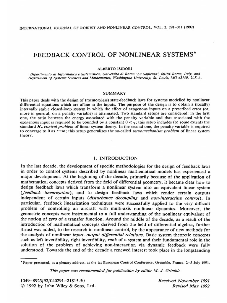 Nonlinear Feedback Control Design | PDF | Nonlinear System | Control Theory